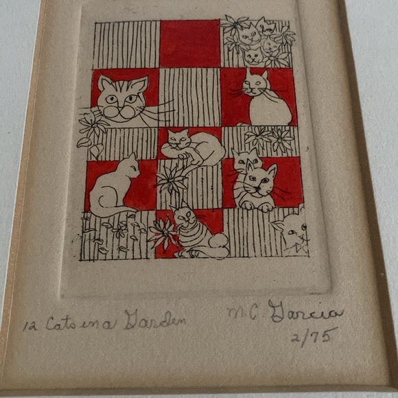 Signed Art | Art | Signed 2 Cats In A Garden 275 Etching In Metal Gold ...
